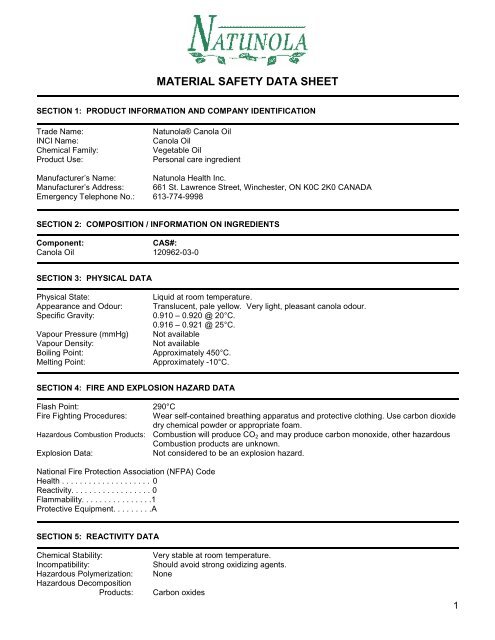 MSDS Canola Oil.pdf - Natunola