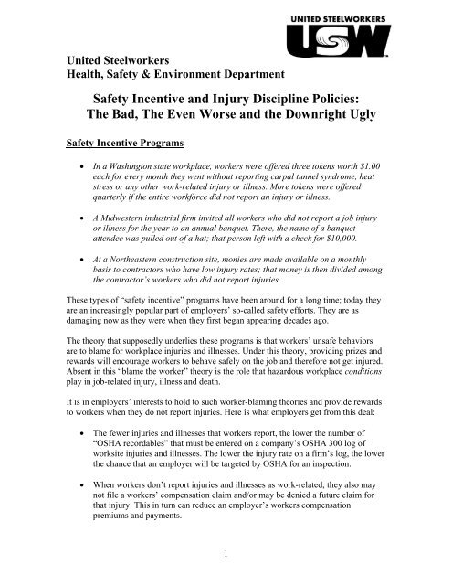 Safety Incentive and Injury Discipline Policies - United Steelworkers