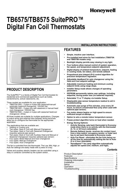 TB6575/TB8575 SuiteProâ ¢ Digital Fan Coil Thermostats