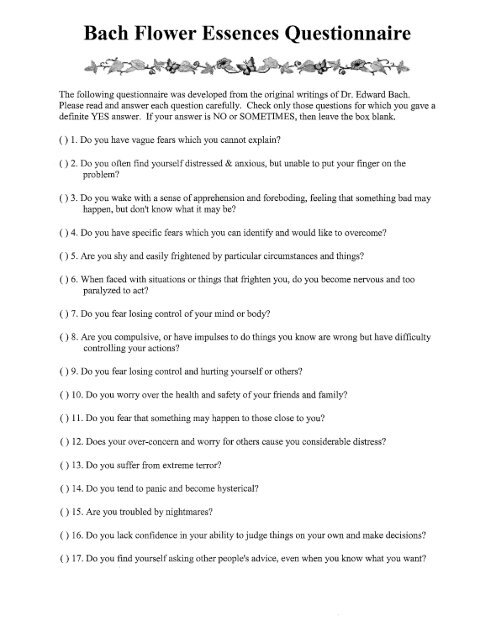 Bach Flower Essences Questionnaire - Angie Evans
