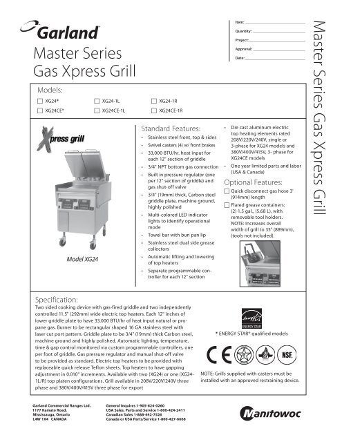 Master Series Xpress Grill Spec Sheet - Garland - Garland Group