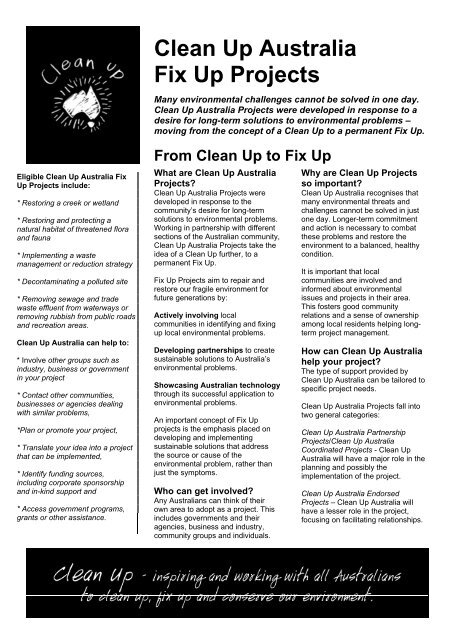 Clean Up Australia Fix Up Projects - Clean Up The World