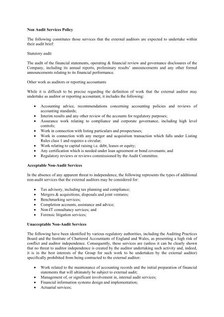 Non Audit Services Policy The following constitutes those services ...