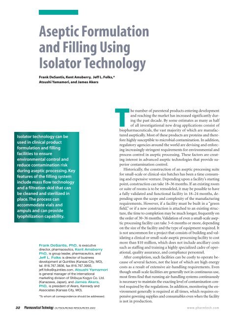 Aseptic Formulation and Filling Using Isolator Technology
