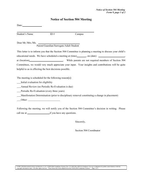 Form 9 - Notice of Section 504 Meeting - Montgomery ISD