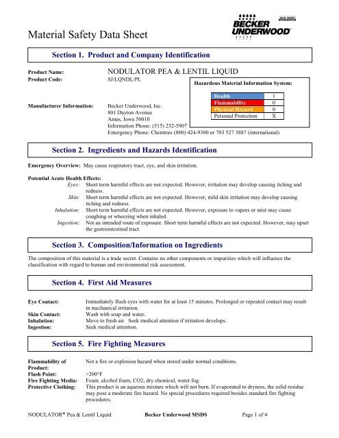 Nodulator Pea and Lentil Liquid MSDS - Becker Underwood