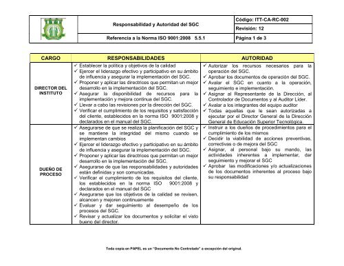 Responsabilidad y Autoridad del SGC - Instituto Tecnologico de ...