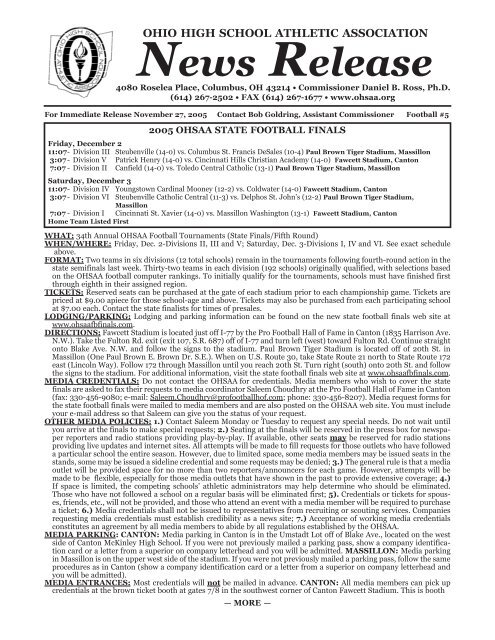November 27, 2005 - Football Release No. 5 - Ohio High School ...