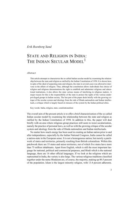 STATE AND RELIGION IN INDIA: THE INDIAN SECULAR MODEL1