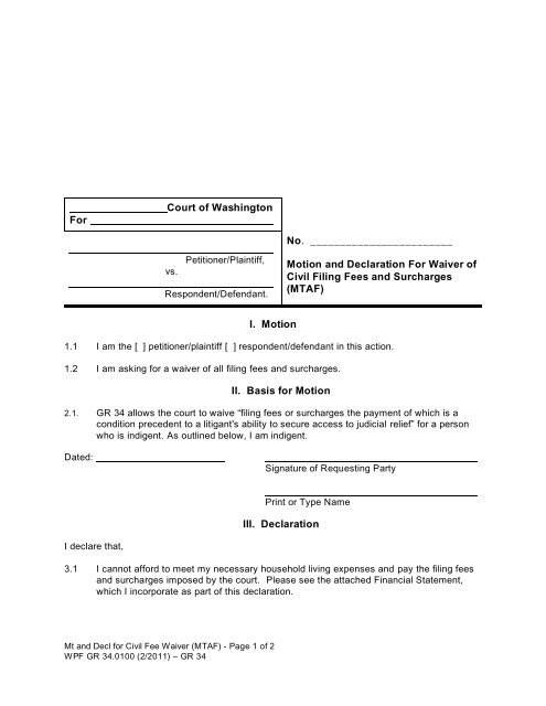 Motion and Declaration For Waiver of Civil Filing ... - Yakima County