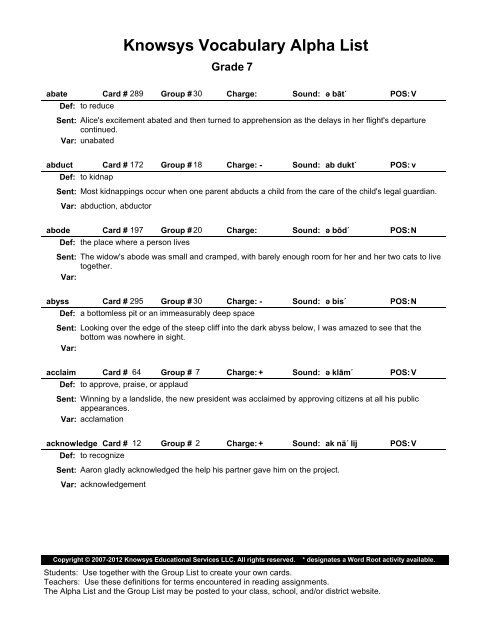 Knowsys Vocabulary Alpha List - Humble Independent School District