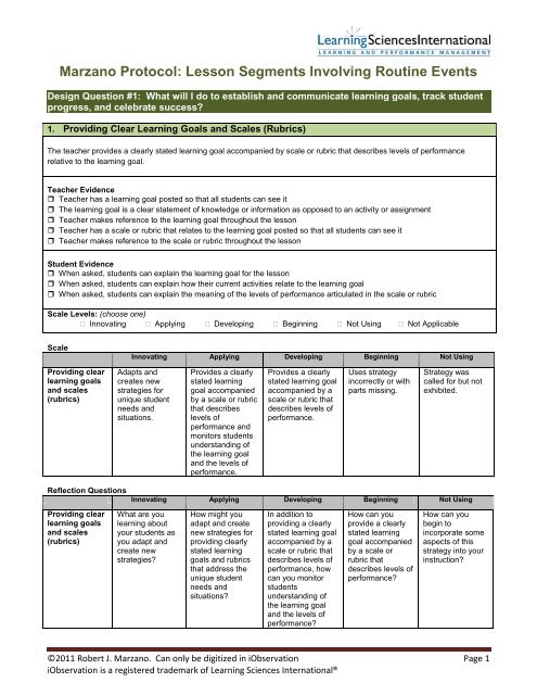 Marzano Protocol: Lesson Segments Involving Routine Events