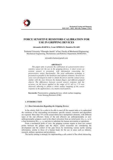 Force Sensitive Resistors Calibration For Use In Gripping Devices