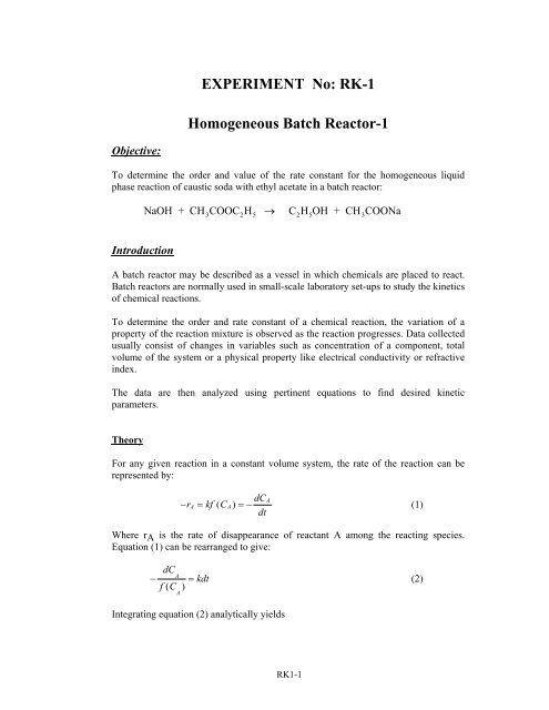 EXPERIMENT No: RK-1 Homogeneous Batch Reactor-1