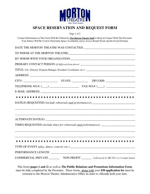 SPACE RESERVATION AND REQUEST FORM - Morton Theatre