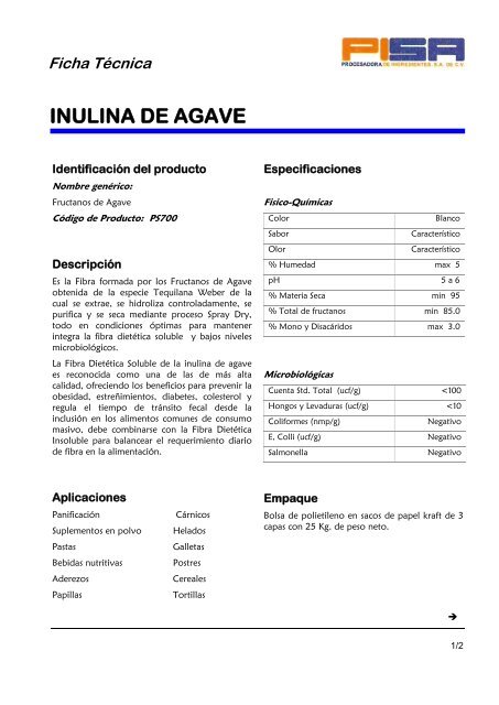 Ficha tÃ©cnica Inulina de agave - QuimiNet.com