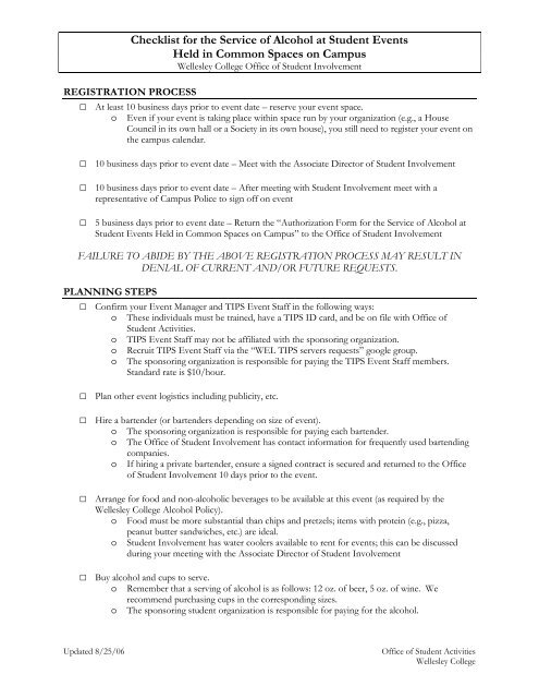 Check-list for Events with Alcohol - Wellesley College