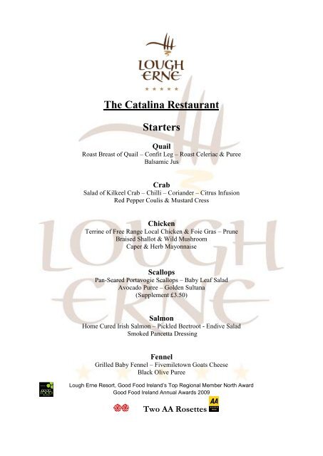 The Catalina Restaurant Starters - Lough Erne Resort