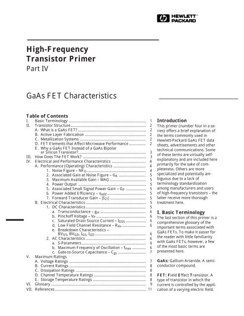 High-Frequency Transistor Primer GaAs FET Characteristics