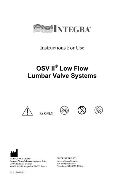 OSV II Low Flow Lumbar Valve System Instructions for Use - Integra ...