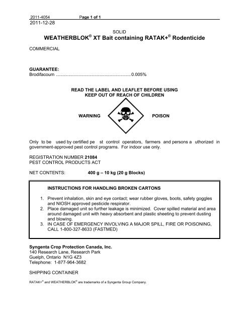 WEATHERBLOKÂ® XT Bait containing RATAK+Â® Rodenticide - UAP