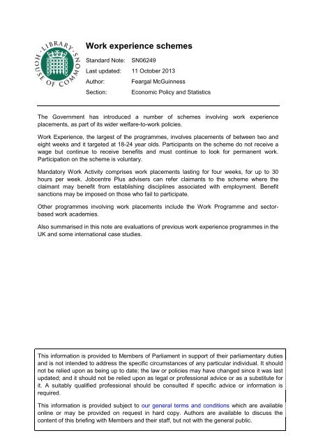 Work experience schemes - Parliament