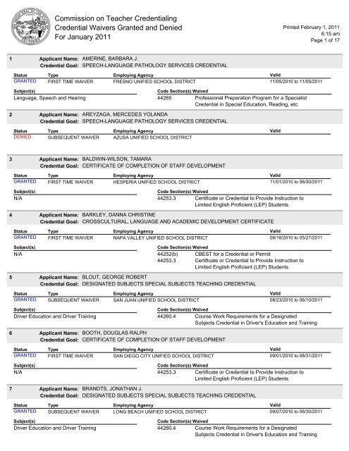 January, 2011 - Commission on Teacher Credentialing
