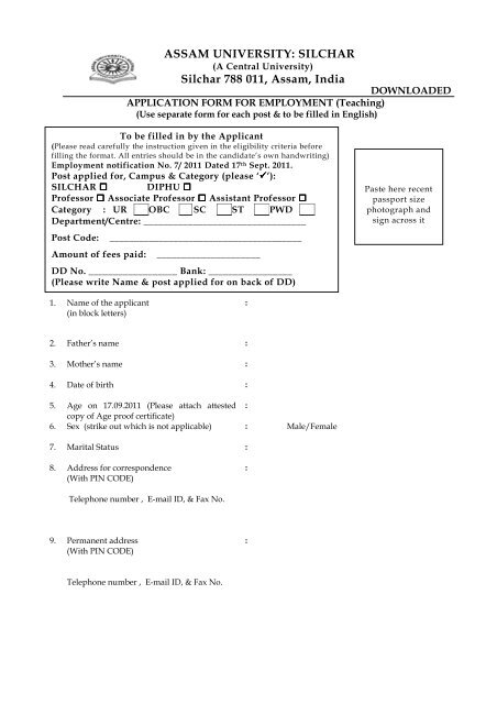 Application Form for Teaching Positions - Assam University