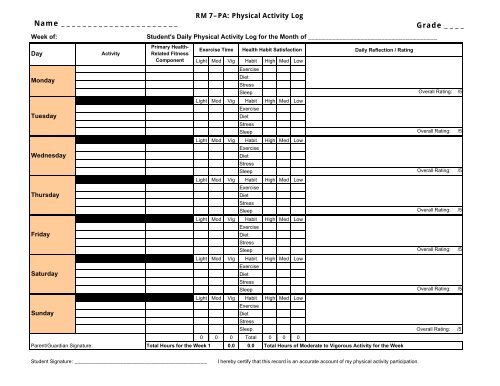 Student Daily Physical Activity Log Monthly 