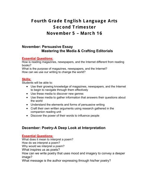 Fourth Grade English Language Arts Second Trimester November 5 ...