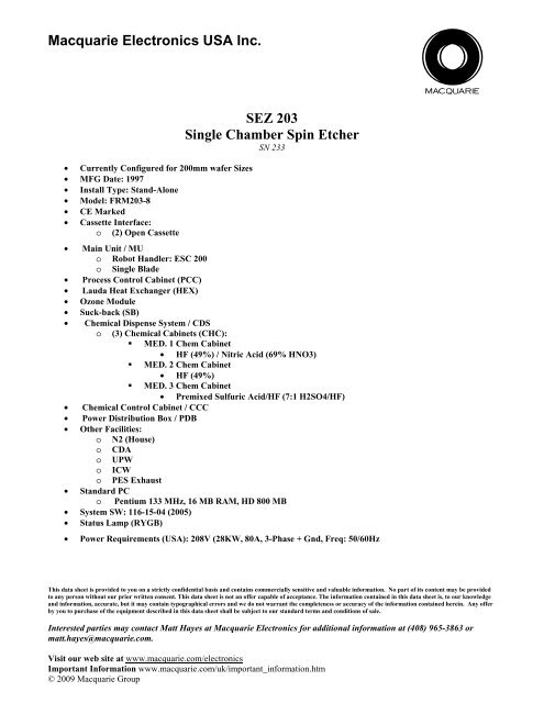 Macquarie Electronics USA Inc. SEZ 203 Single Chamber Spin Etcher