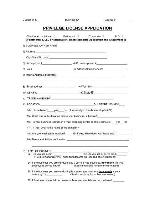PRIVILEGE LICENSE APPLICATION - City of Gulfport
