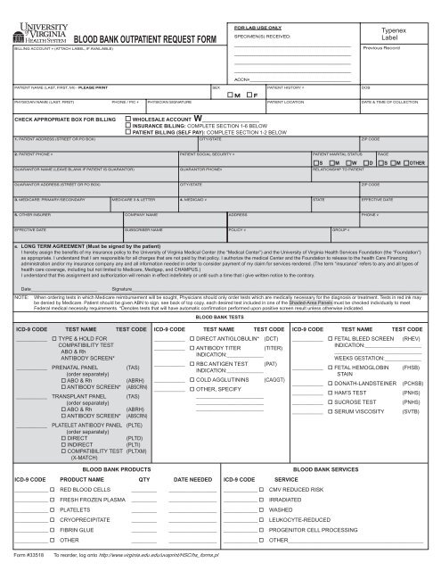 BLOOD BANK OUTPATIENT REQUEST FORM - University of Virginia