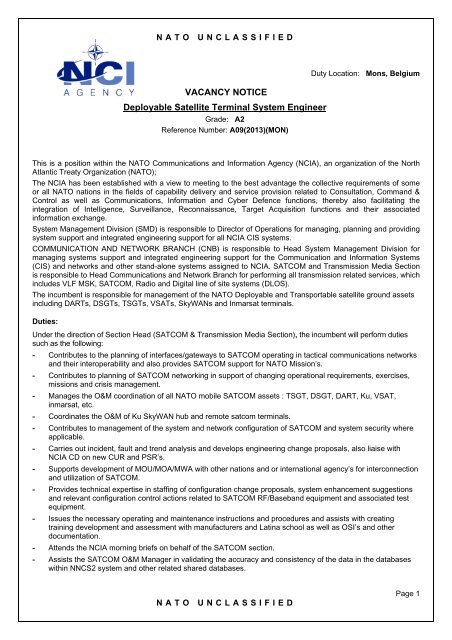 VACANCY NOTICE Deployable Satellite Terminal System Engineer
