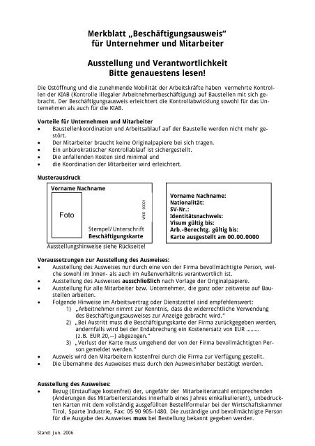 Merkblatt „Beschäftigungsausweis“ für Unternehmer und Mitarbeiter ...