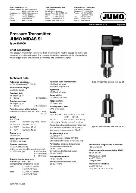Pressure Transmitter JUMO MIDAS SI