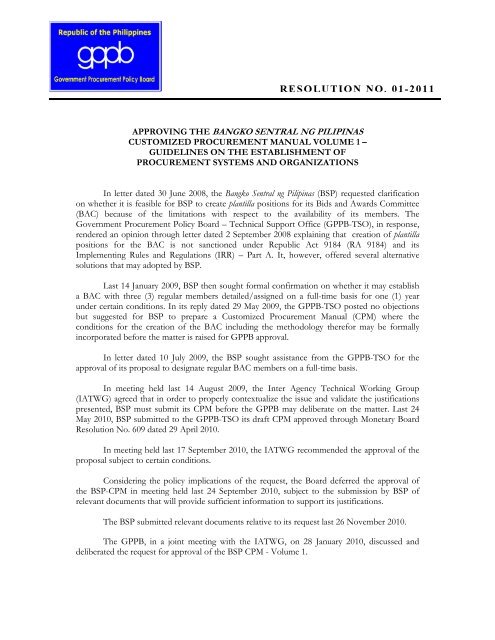 RESOLUTION NO. 01-2011 - GPPB