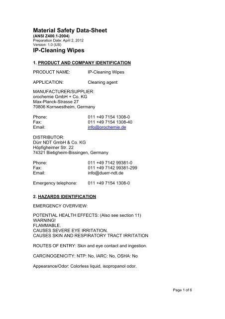Material Safety Data-Sheet IP-Cleaning Wipes - duerr-ndt.de