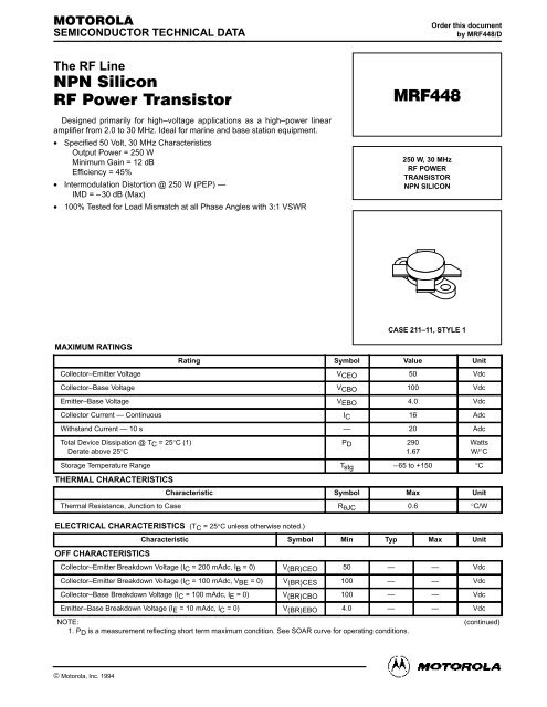 NPN Silicon RF Power Transistor MRF448