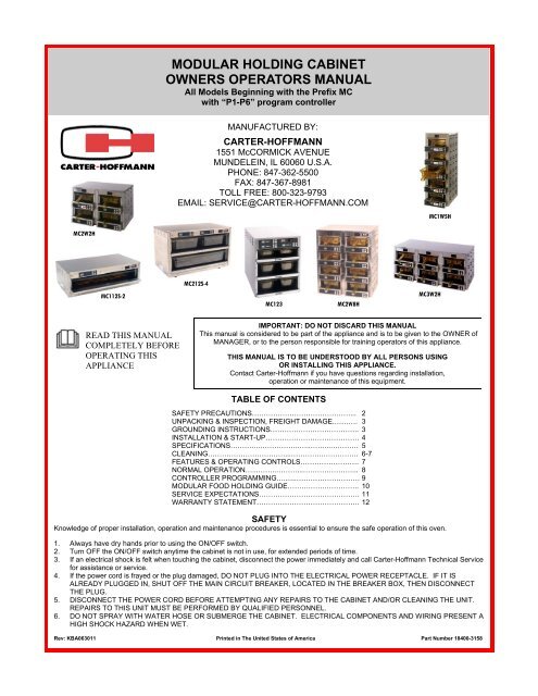 modular holding cabinet owners operators manual - Carter-Hoffmann