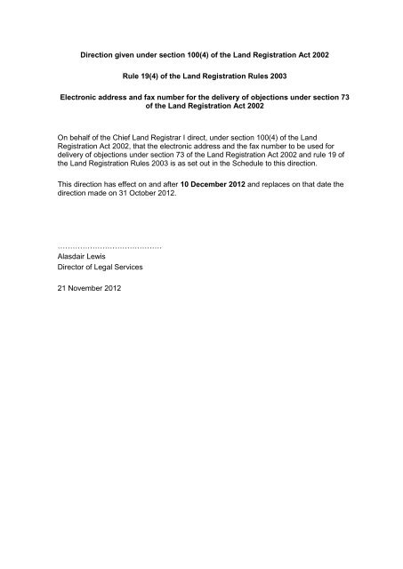 Electronic Address and Fax Numbers for delivery of ... - Land Registry