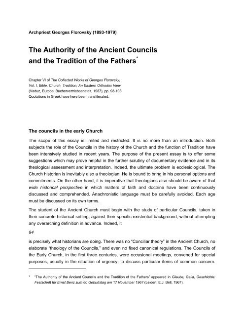 The Authority of the Ancient Councils and the Tradition of the Fathers*