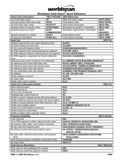 Worldspan Hotel Select Quick Reference - Global Learning Center