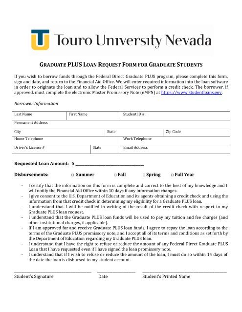 graduate plus loan request form for graduate students