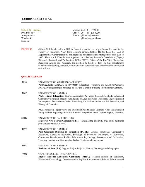 1 CURRICULUM VITAE - University of Namibia