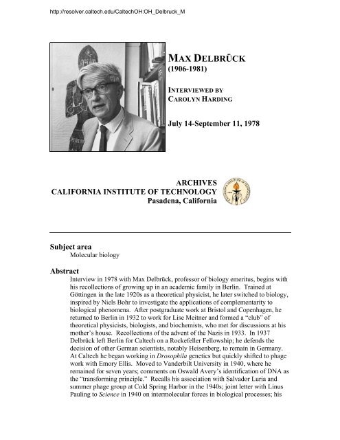 Interview with Max Delbruck - Caltech Oral Histories