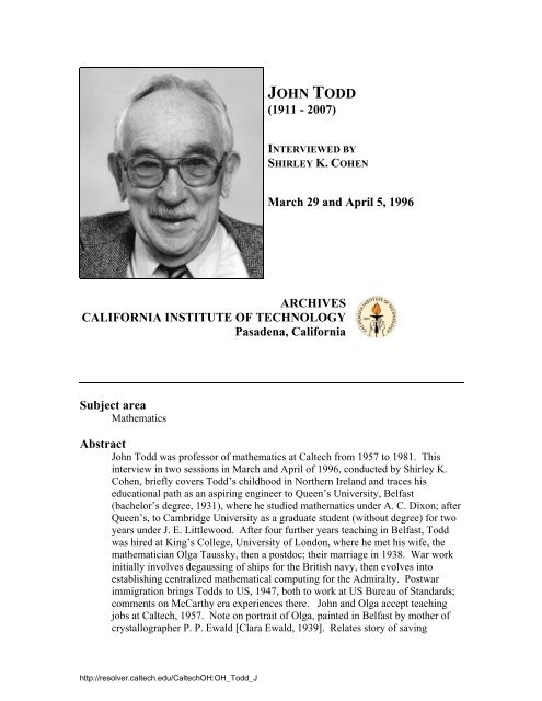 Interview with John Todd - Caltech Oral Histories
