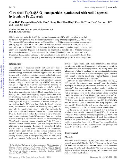Core-shell Fe3O4@SiO2 nanoparticles synthesized with well ...