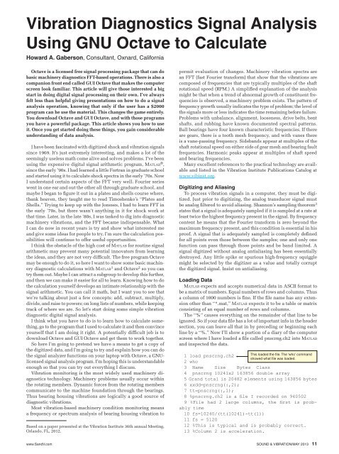 Vibration Diagnostics Signal Analysis Using GNU Octave to Calculate