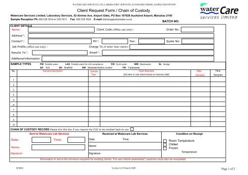 Client Request Form - WaterCare Laboratory Services